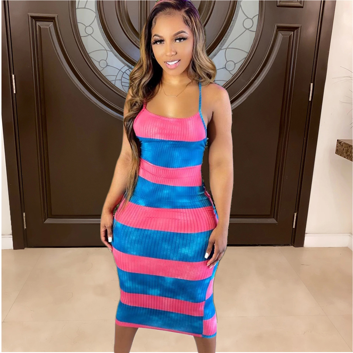 Dear-Fashion | Wholesale Sexy Sling Backless Print Dye Midi Dress QXTF ...