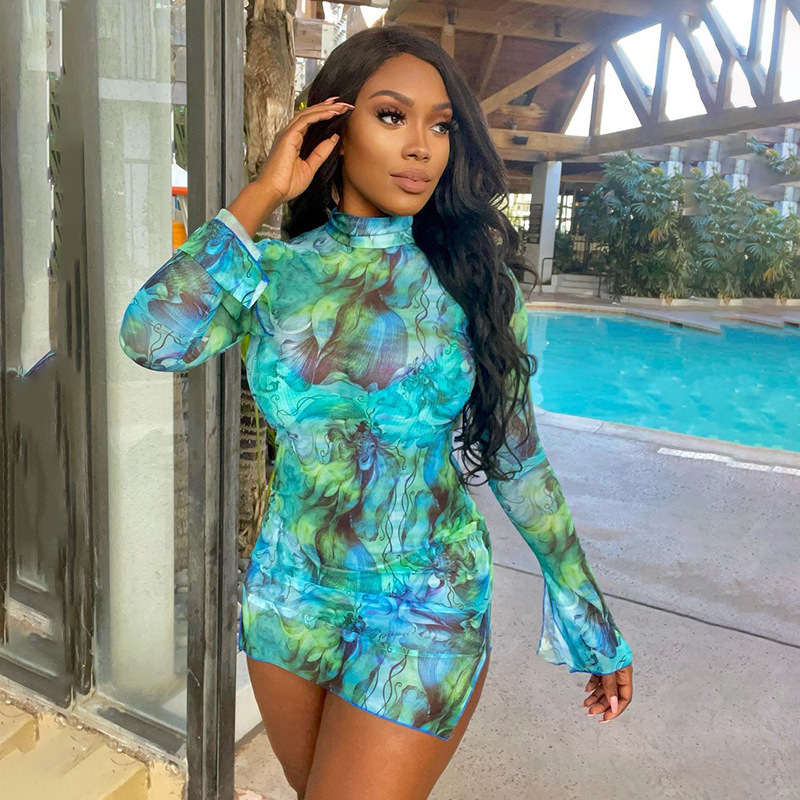 Dear-Fashion | Wholesale Mesh Print Flare Sleeve Split Mini Dress GYSL ...